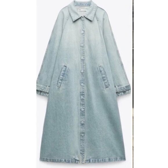 Zara | Jackets & Coats | Zara Trf Oversized Denim Trench Coat 9s Preppy Lagen Look Sz Xlxxl ...